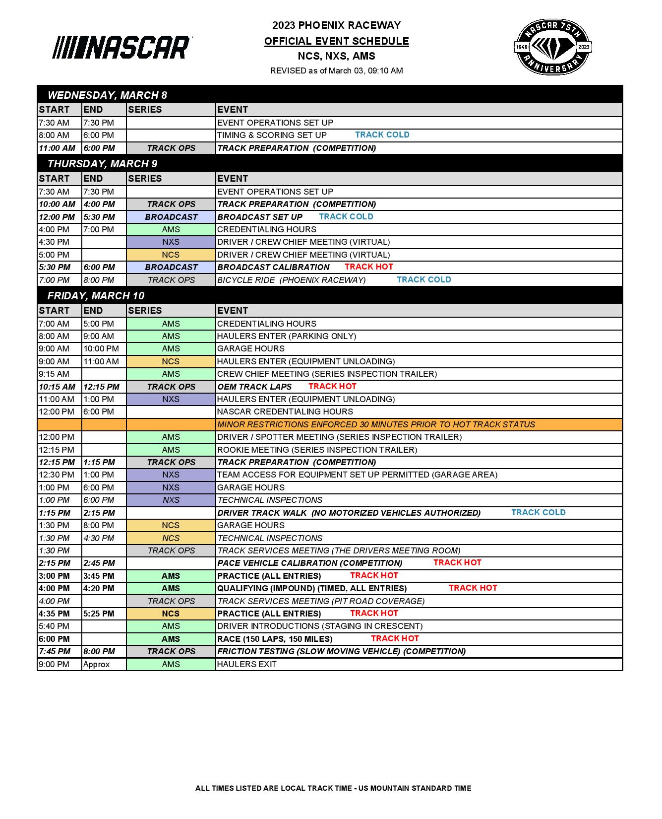 NCS, NXS, AMS - Schedule - Phoenix 3/2023 - InfieldJen.com