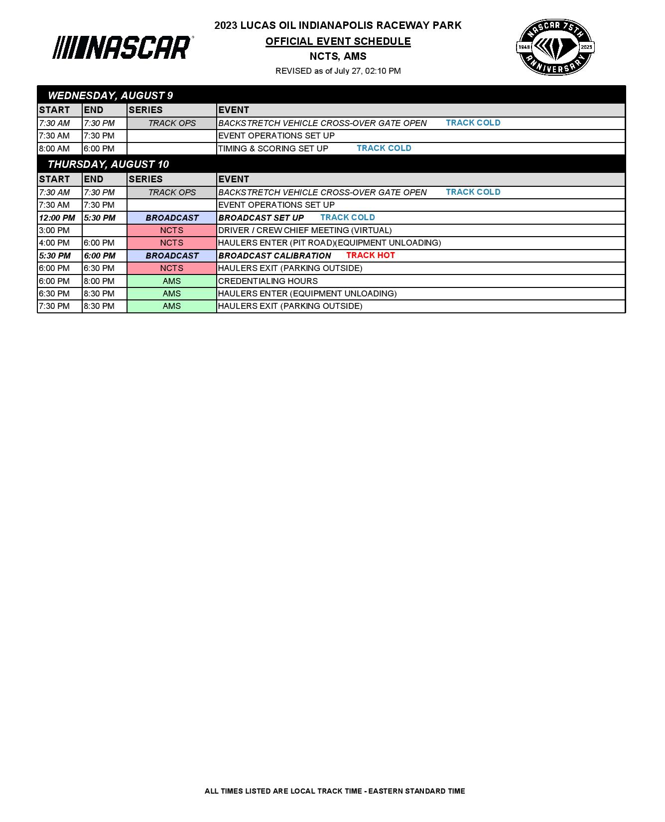 NCS, NXS, NCTS, ARCA - Schedule - Indy, LORP - 8/2023 - InfieldJen.com