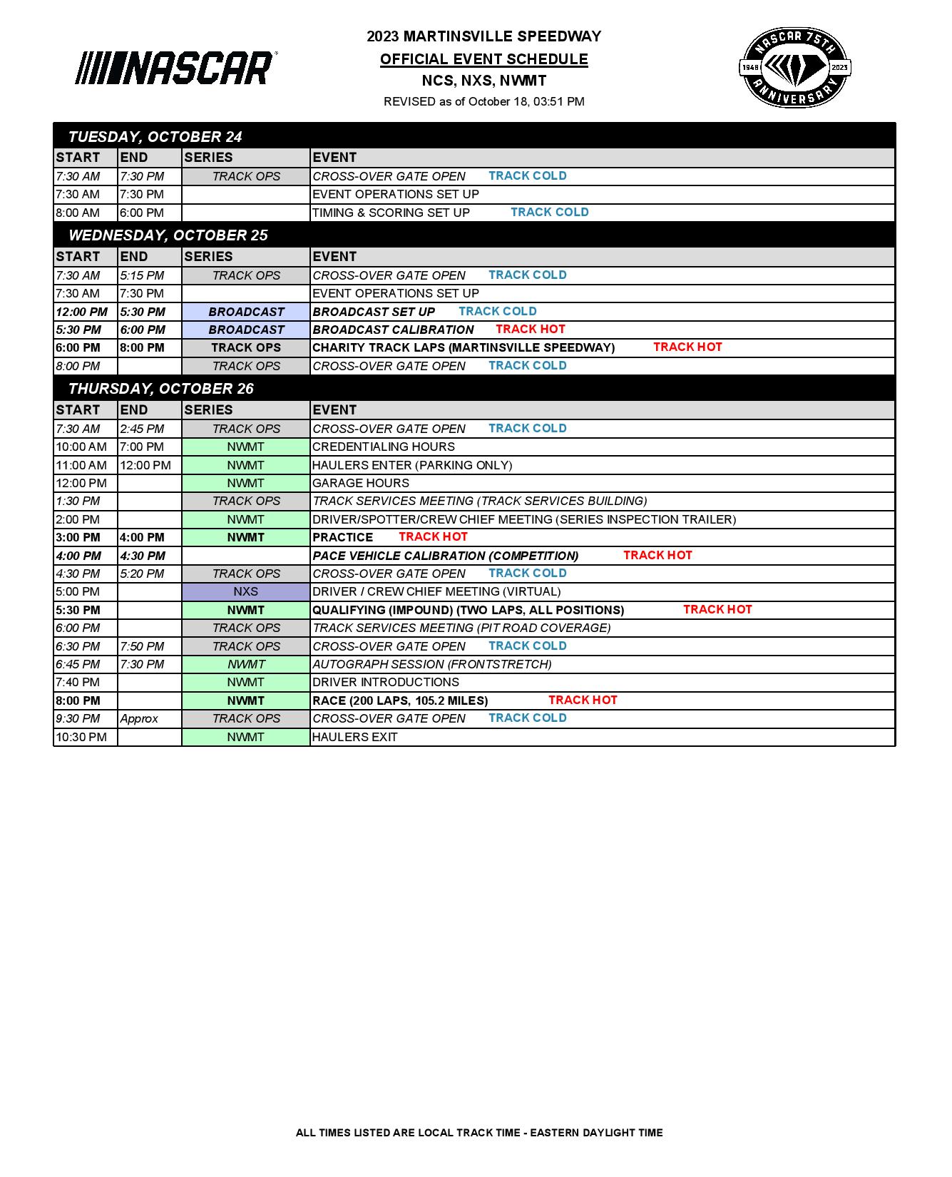NCS, NXS - Schedule - Martinsville - 10/2023 - InfieldJen.com