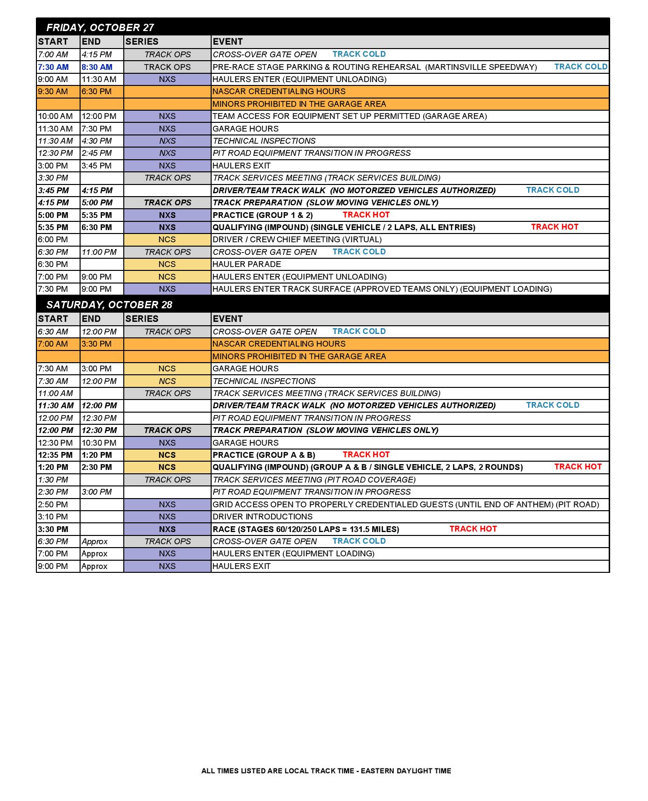 NCS, NXS - Schedule - Martinsville - 10/2023 - InfieldJen.com