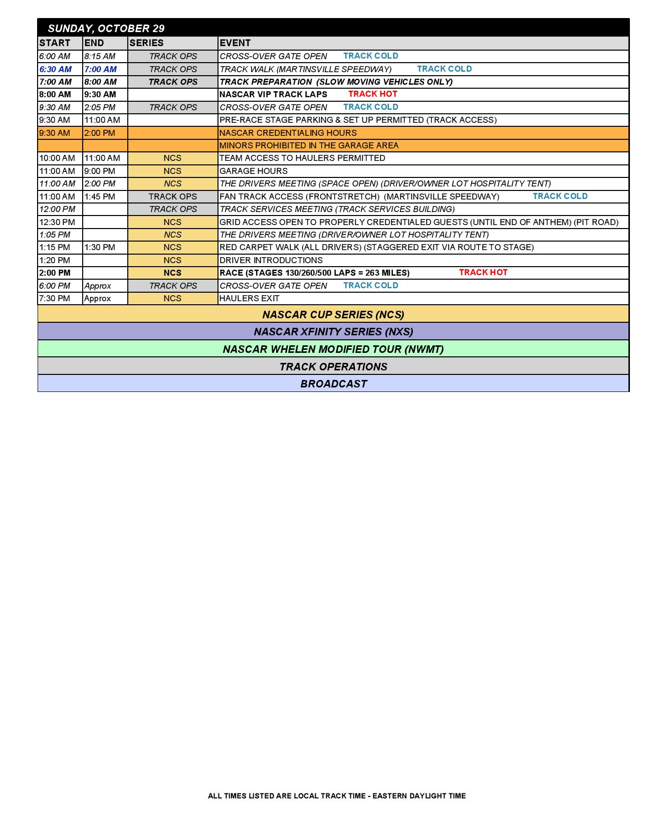 NCS, NXS - Schedule - Martinsville - 10/2023 - InfieldJen.com
