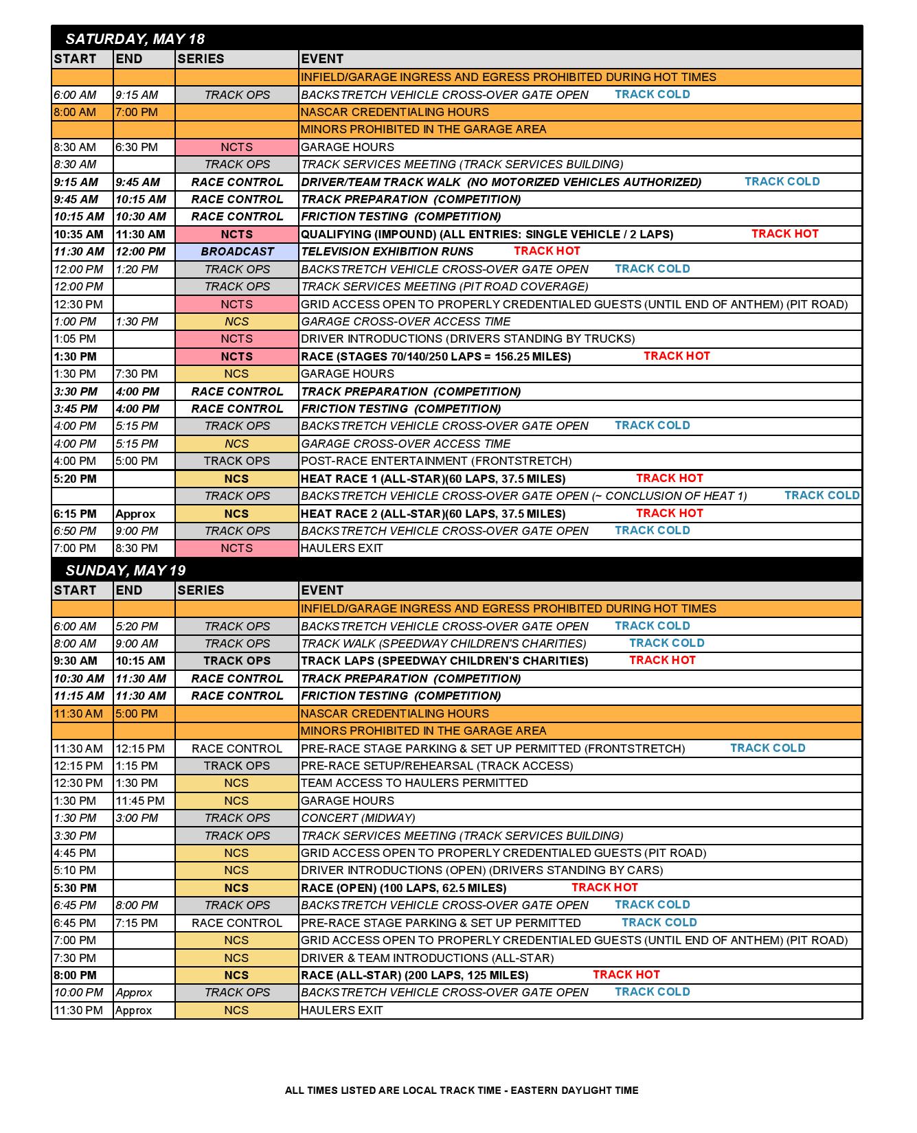 NCS, NCTS, CARS - Schedule - North Wilkesboro - 5/2024 - InfieldJen.com