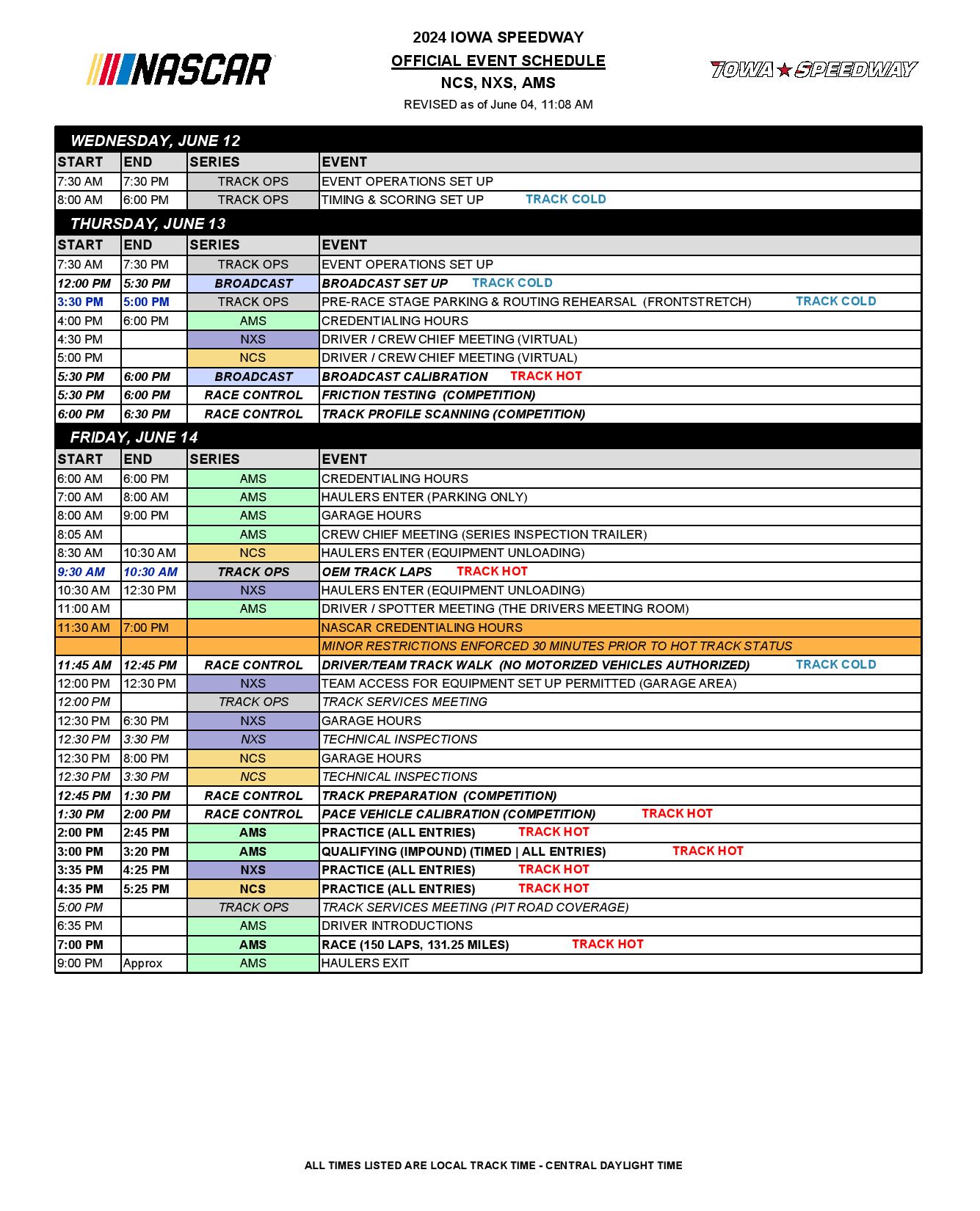 NCS, NXS, ARCA - Schedule - Iowa - 6/2024 - InfieldJen.com