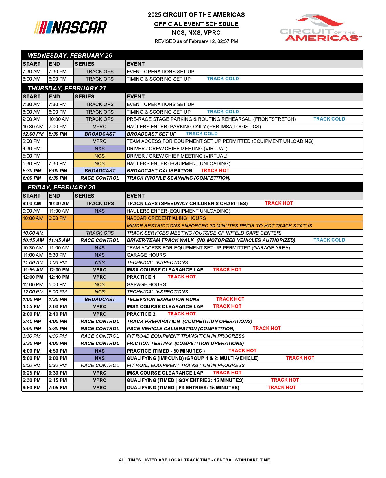 NCS, NXS - Schedule - COTA - 2/2025 - InfieldJen.com