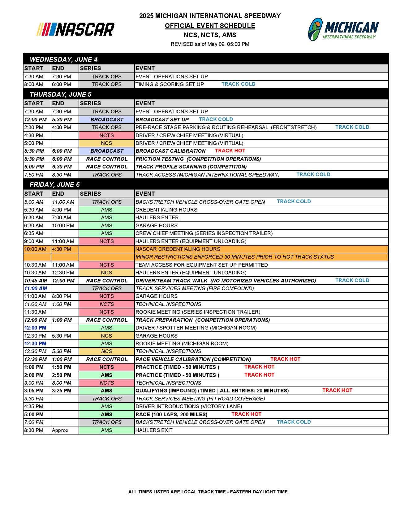 NCS, NCTS, ARCA - Schedule - Michigan 6/2025 - InfieldJen.com